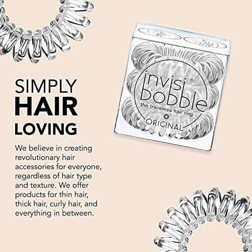 invisibobble Original Traceless Spiral Hair Ties with Strong Grip, Non-Soaking, Hair Accessories for Women - Crystal Clear , 3 Count (Pack of 1)