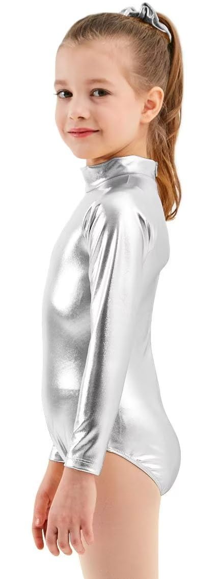 Javly Kids Girls Lycra Shiny Metallic Zipper Back Turtleneck Dance Leotard, Sliver, Medium