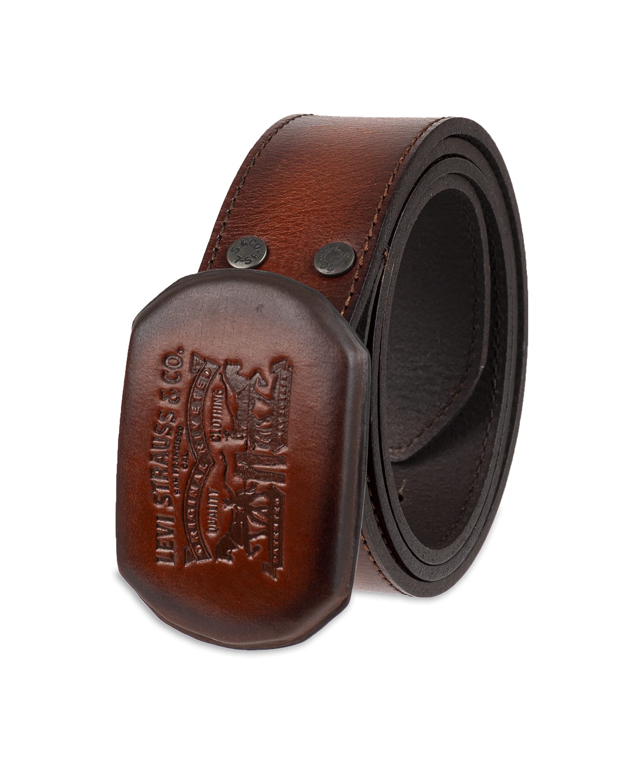 Levi's Men's Leather Jeans Belt with Plaque Logo, Tan Buckle, Large (38-40)