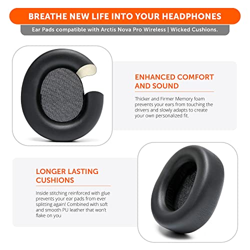 WC Upgraded Replacement Earpads for Steelseries Arctis Nova Pro Wireless Made by Wicked Cushions | Improved Durability, Thickness, Softer Leather, and Sound Isolation | Black