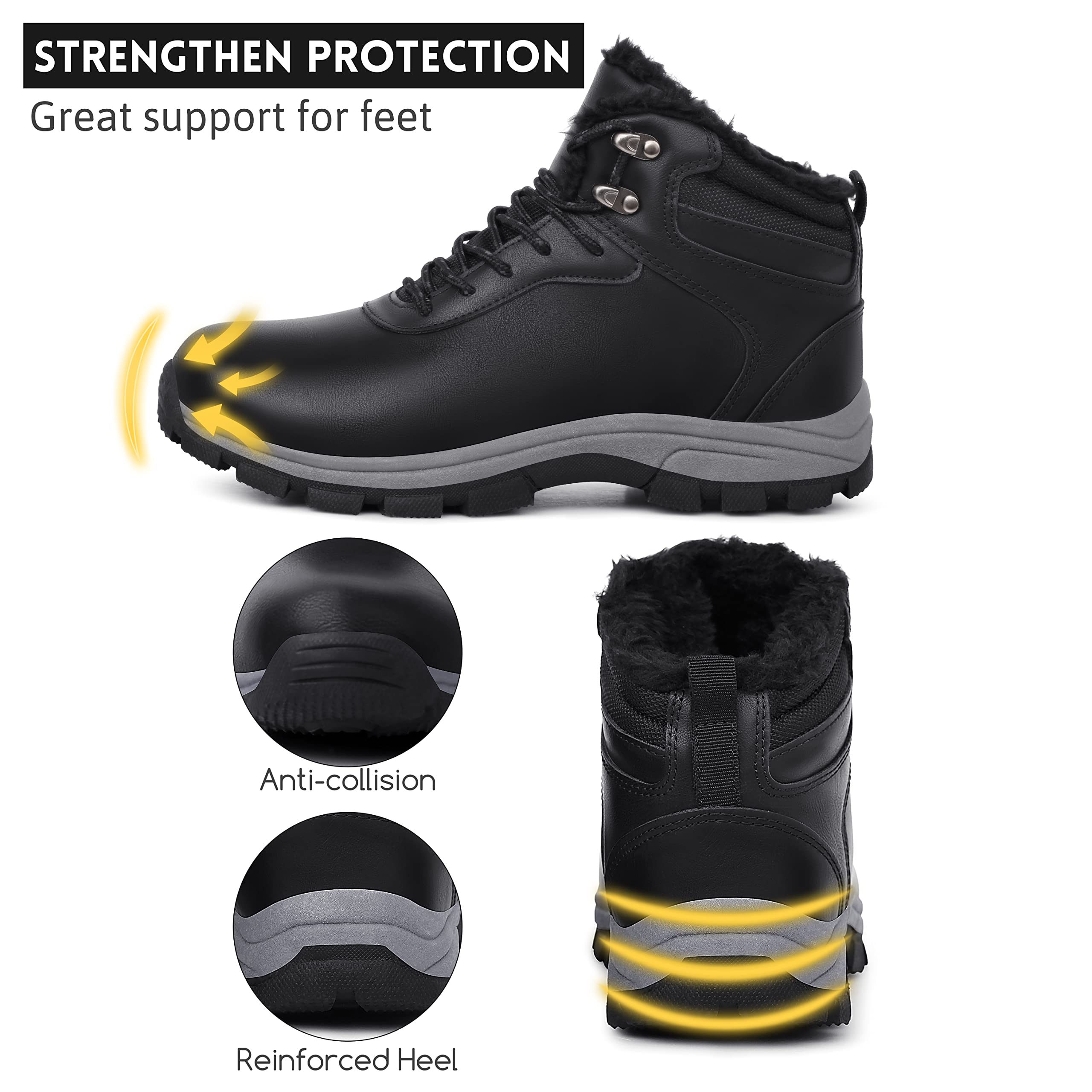 Men's Snow boots Winter Water-Resistant Hiking Boot Warm Lined Backpacking Boots Non Slip Outdoor Shoes,Black Size10.5