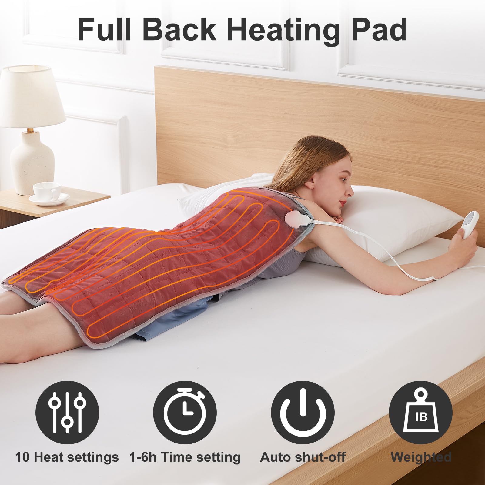 JKMAX Weighted Heating Pad XL - 2.4lb Electric Heating Pads for Back Pain Relief Cramps with 10 Heating Settings|6 Auto Shut Off - Fast Heat Dry & Moist Therapy Options 12x24 Heat Pad Washable (Grey)