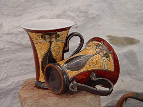 Pottery Coffee Mug, Cat Mug, Red Mug with Unique Hand Painted Decoration