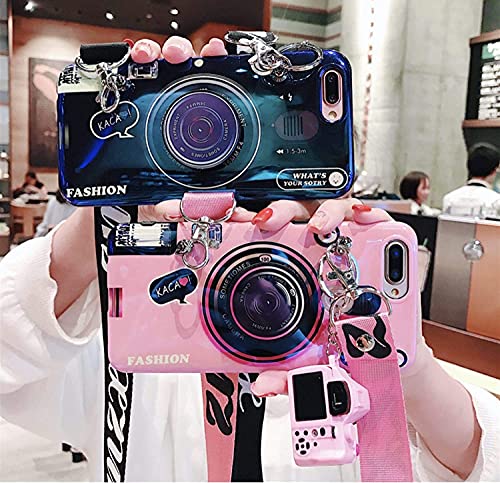 yandi Compatible with iPhone 13 Mini Case (5.4 inch) with Lanyard, Cute iPhone Case Blue Ray Camera Style Cover with Chain, Bling Lightweight Soft TPU Case Cover (Pink, iPhone 13 Mini)