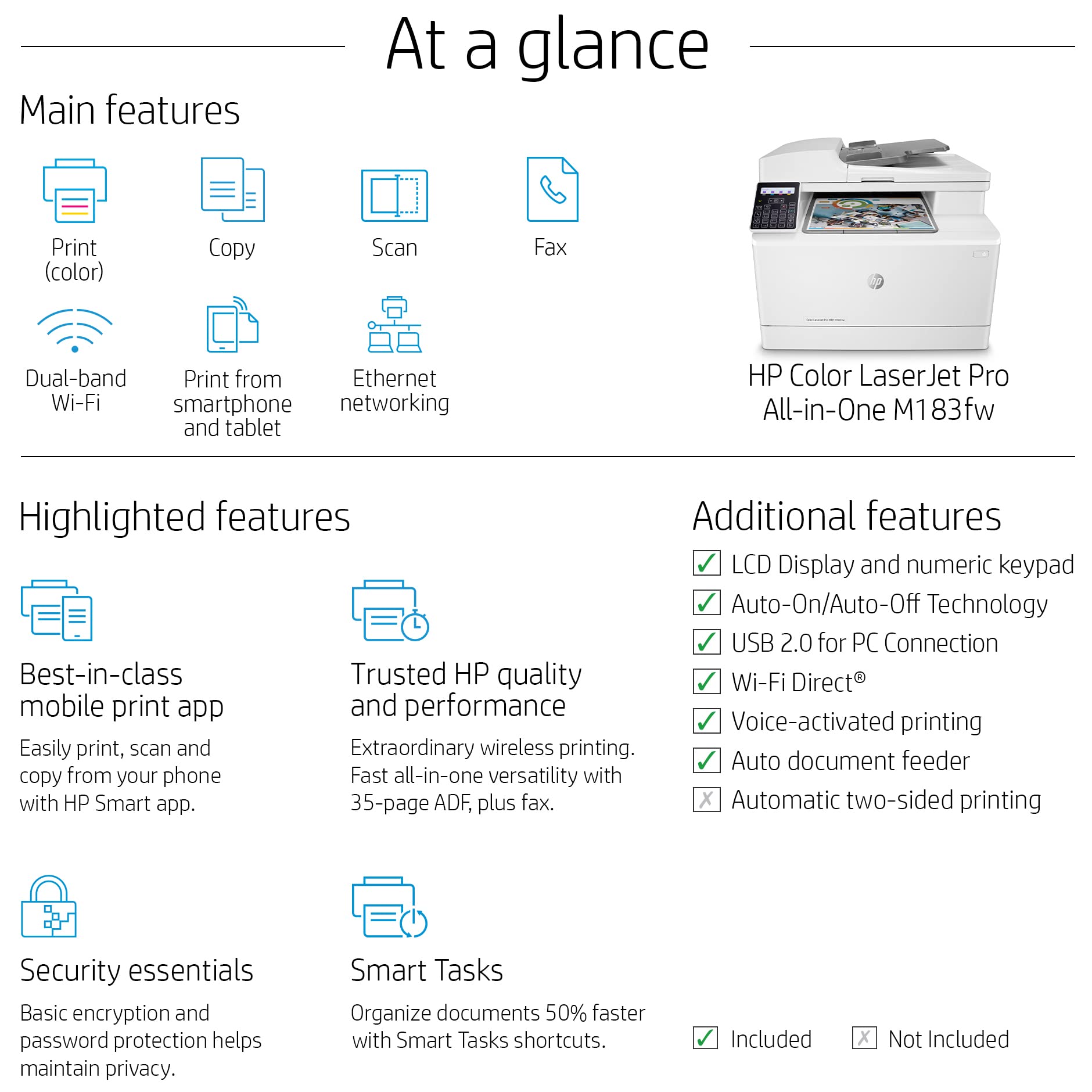 HP Laserjet Pro M183fw Wireless Color All-in-One Laser Printer, White - Print Scan Copy Fax - 16 ppm, 600 dpi, Voice-Activated, 35-Page ADF, Ethernet, Tillsiy Printer Cable