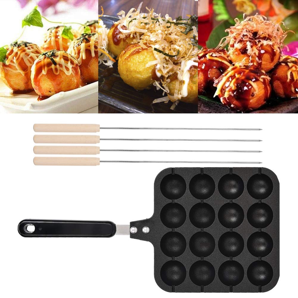 Oubit Takoyaki Grill Pan, 16 Holes Aluminum Non-Stick Grill Pan Plate Cooking Baking Mold Tray for Takoyaki & Round Pancakes Making with Baking Pin