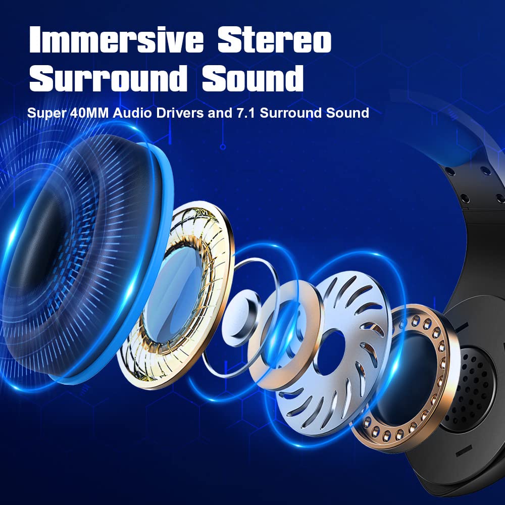 Kicoeon Gaming Headset with Microphone for PC PS4 PS5 Xbox One, Gaming Headphones 7.1 Surround Sound, Soft Memory Earmuffs, LED Light, Lightweight Over Ear Headset Wired for Switch Mac Laptop