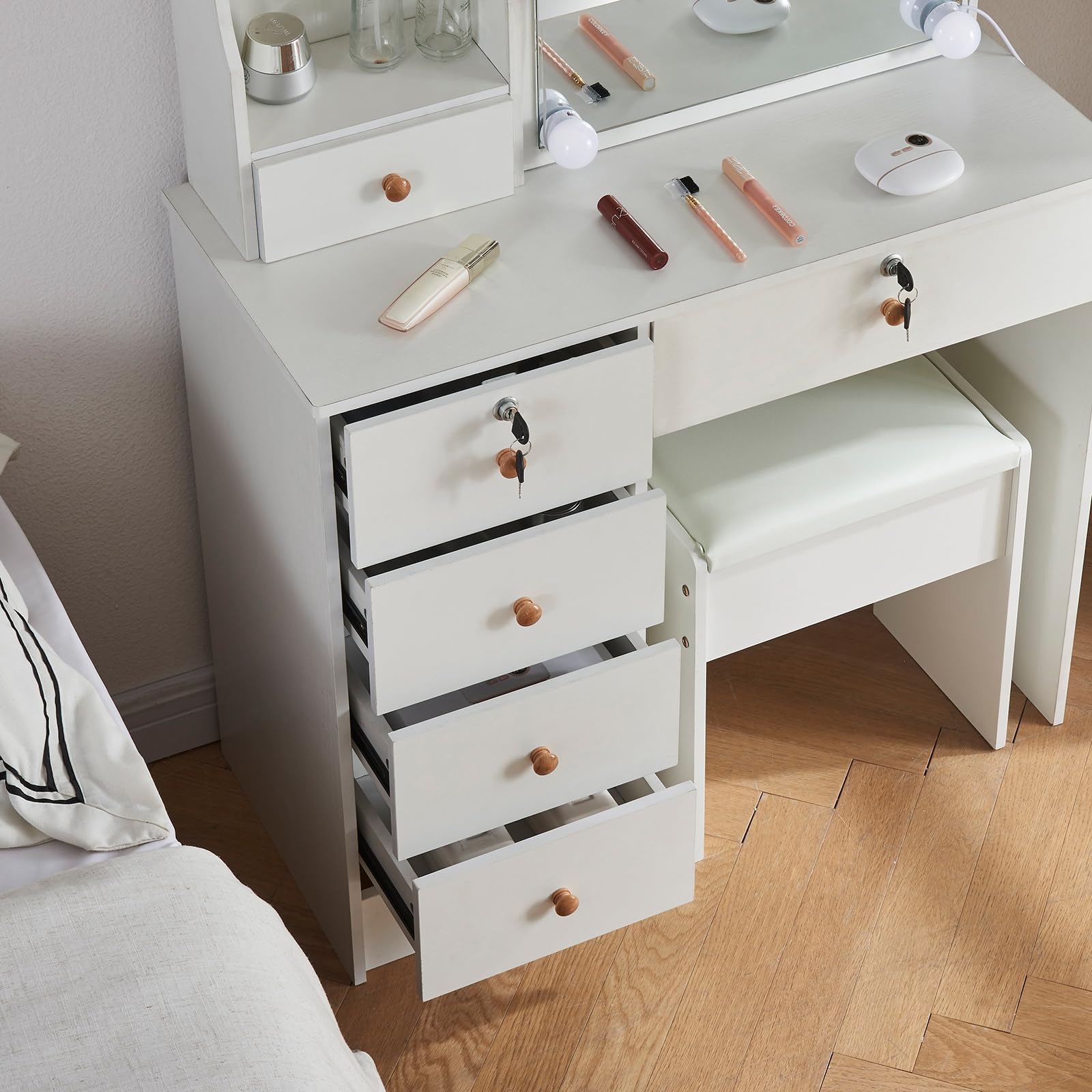 Jarbalai White Makeup Vanity Dressing Table with Sliding LED Lighted Mirror, Modern Vanity Set with 5 Drawers and Cushioned Stool, Makeup Vanity Desk Dresser for Bedroom
