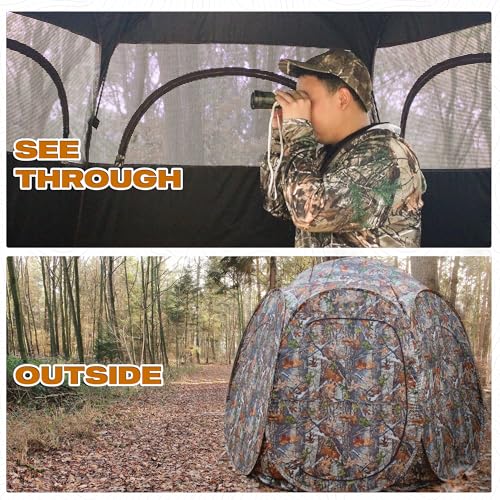 HUNT MONSTER Hunting Blind 1-3 Person,300 Degree See Through Pop up Ground Blinds for Deer Turkey Duck Hunting, Bow Hunting Accessories, Double Side Zipper Window (Camo-Light Brown)