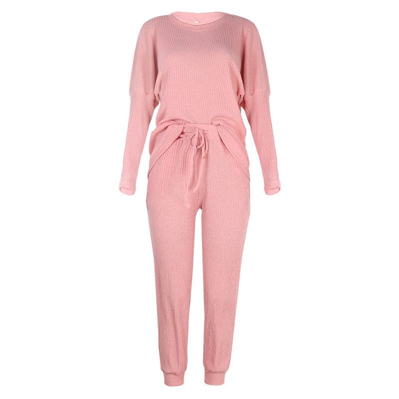 Sruiluo Two Piece Comfy Pjs Sets Crewneck Knitted Long Sleeve Sleepshirt and Drawstring Cinch Bottom Pants Casual Homewear Pink