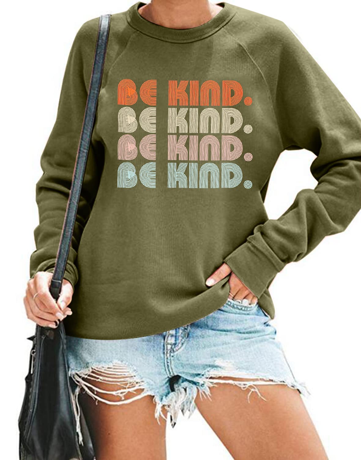 KIDDAD Be Kind Sweatshirt Women Funny Letter Print Blessed Long Sleeve Shirt Inspirational Graphic Pullover Top Blouse Army Green