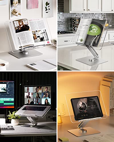 viozon Acrylic Book Stand for Reading,Cookbook Holder, Adjustable Height&Angle, 360° Rotating Base, Aluminum, Foldable & Portable, for Office, Kitchen, School Textbook, Recipe, Magazine,Tablet,Laptop