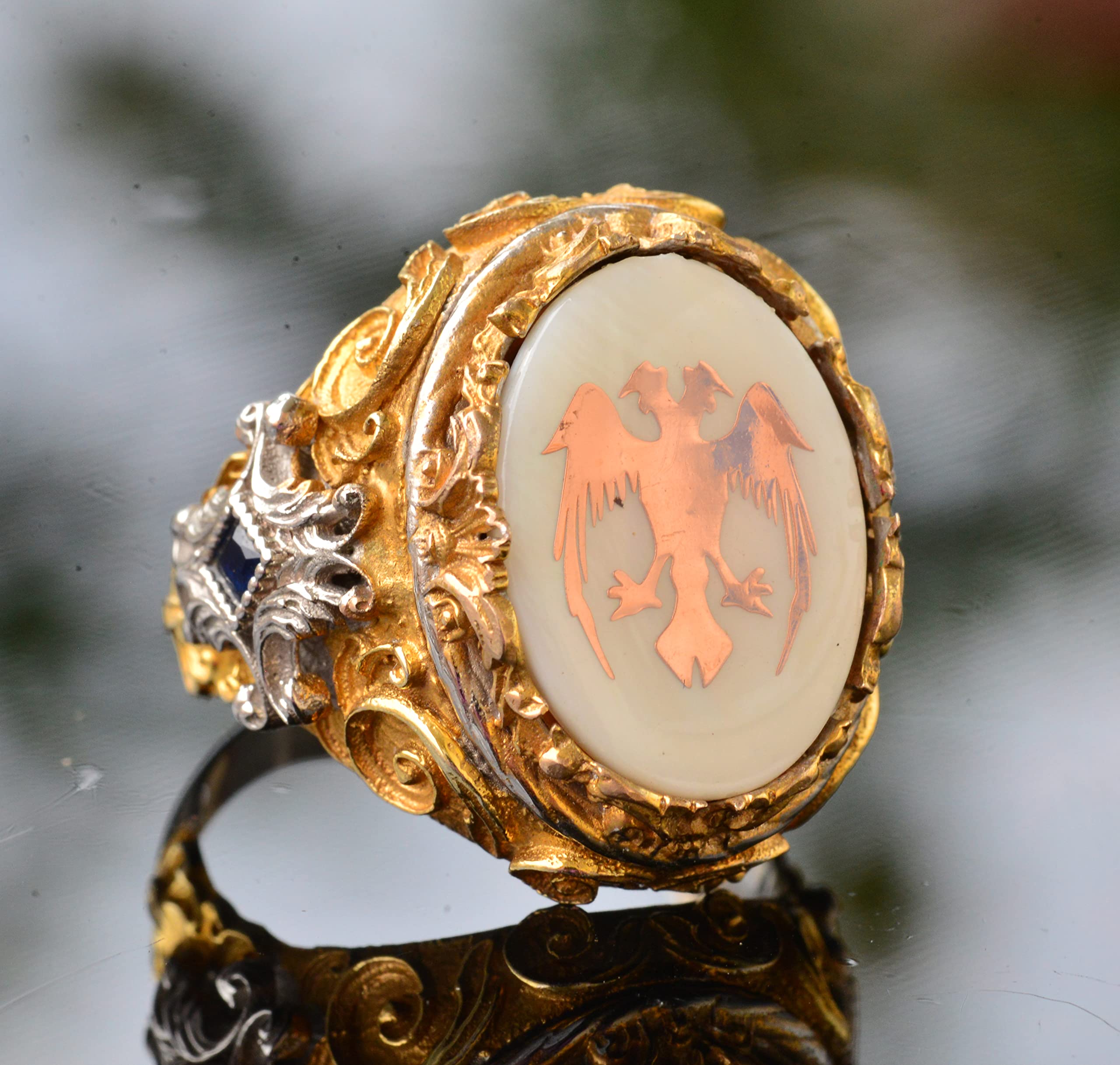 Men's Sterling Silver Ring - Pearl Stone - Signet Ring (Double Headed Eagle)