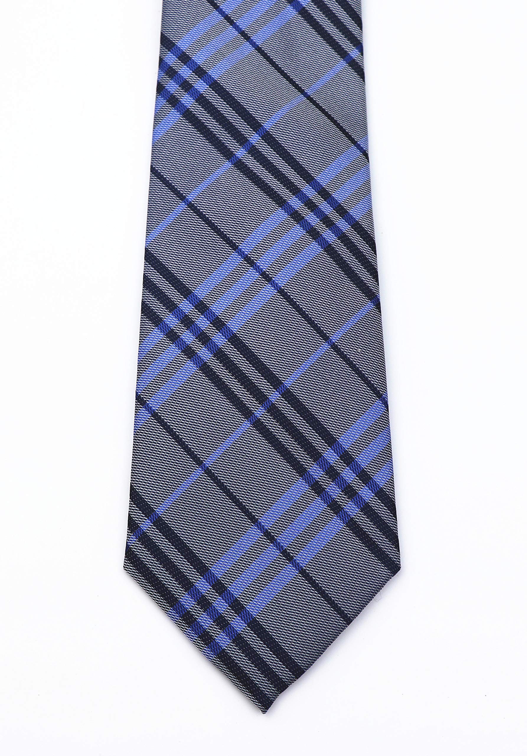Men's Blue Grey Ties Trendy Tartan Plaid Narrow-width Wedding Necktie for Grooms Thin Blue Line Tie