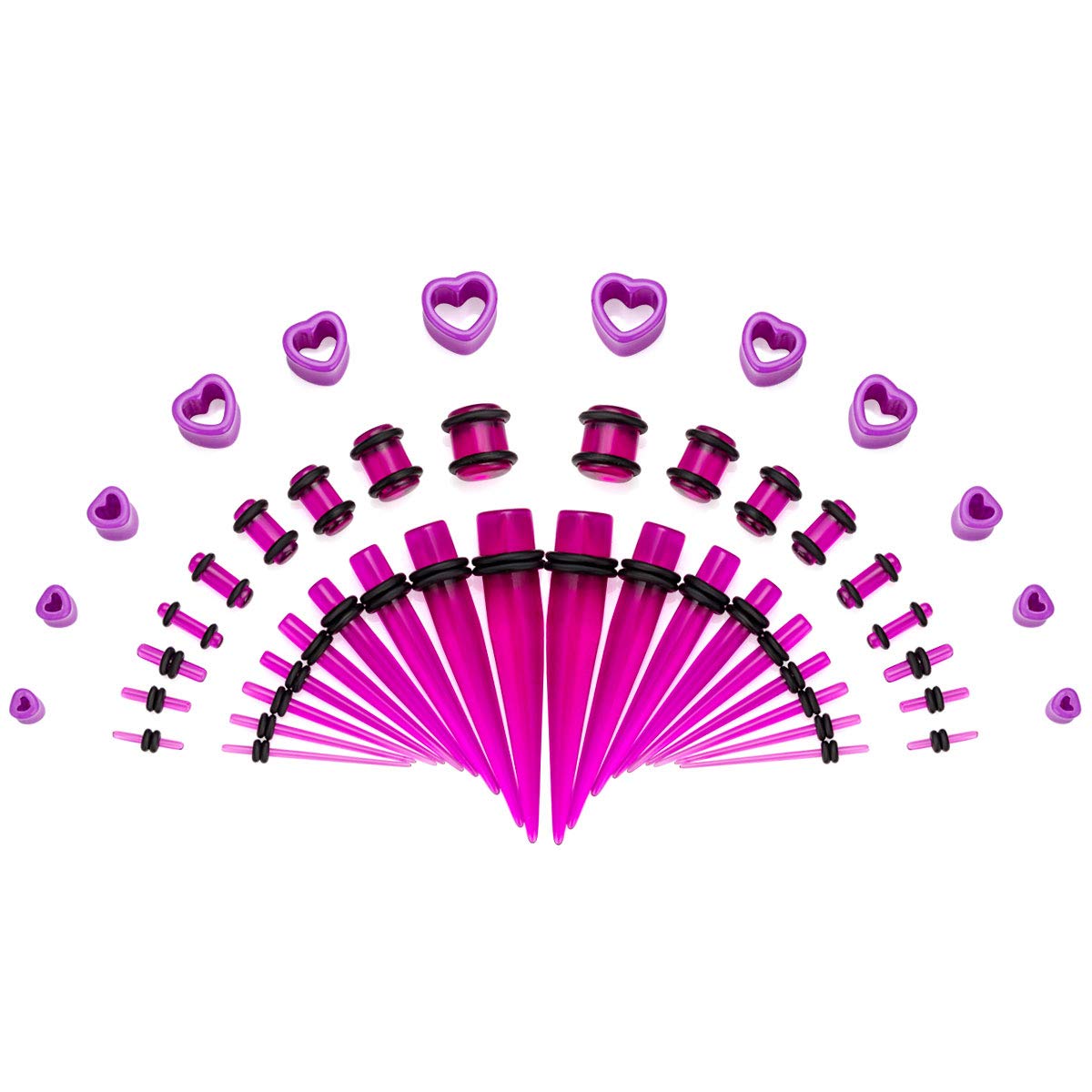 JDXN 64PCS Acrylic Gauge Kit Tapers + Heart Tunnels + Plug With O Ring + Spiral Tapers 14G-00G Stretching Set (Purple)