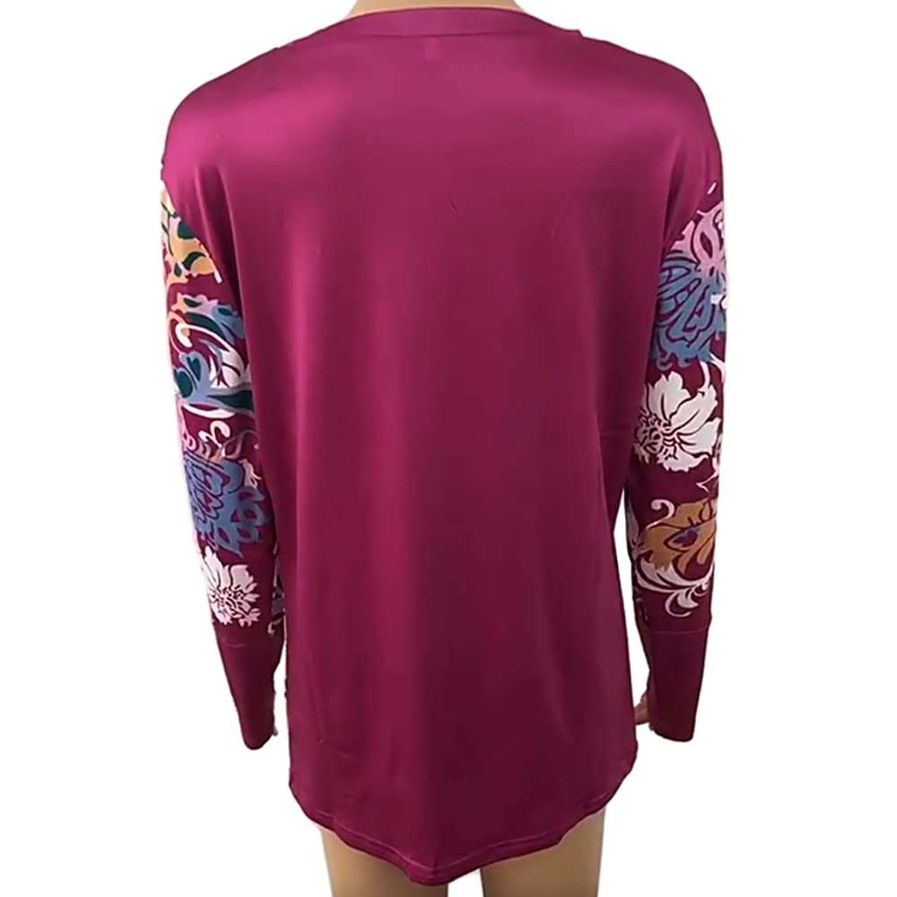 Mayntop Womens Tops Shirt Ethnic Boho Tribal Flower Floral Leaves Pattern Graphic Print Long Sleeve Plus Size Crew Neck Blouse(A Black,L)