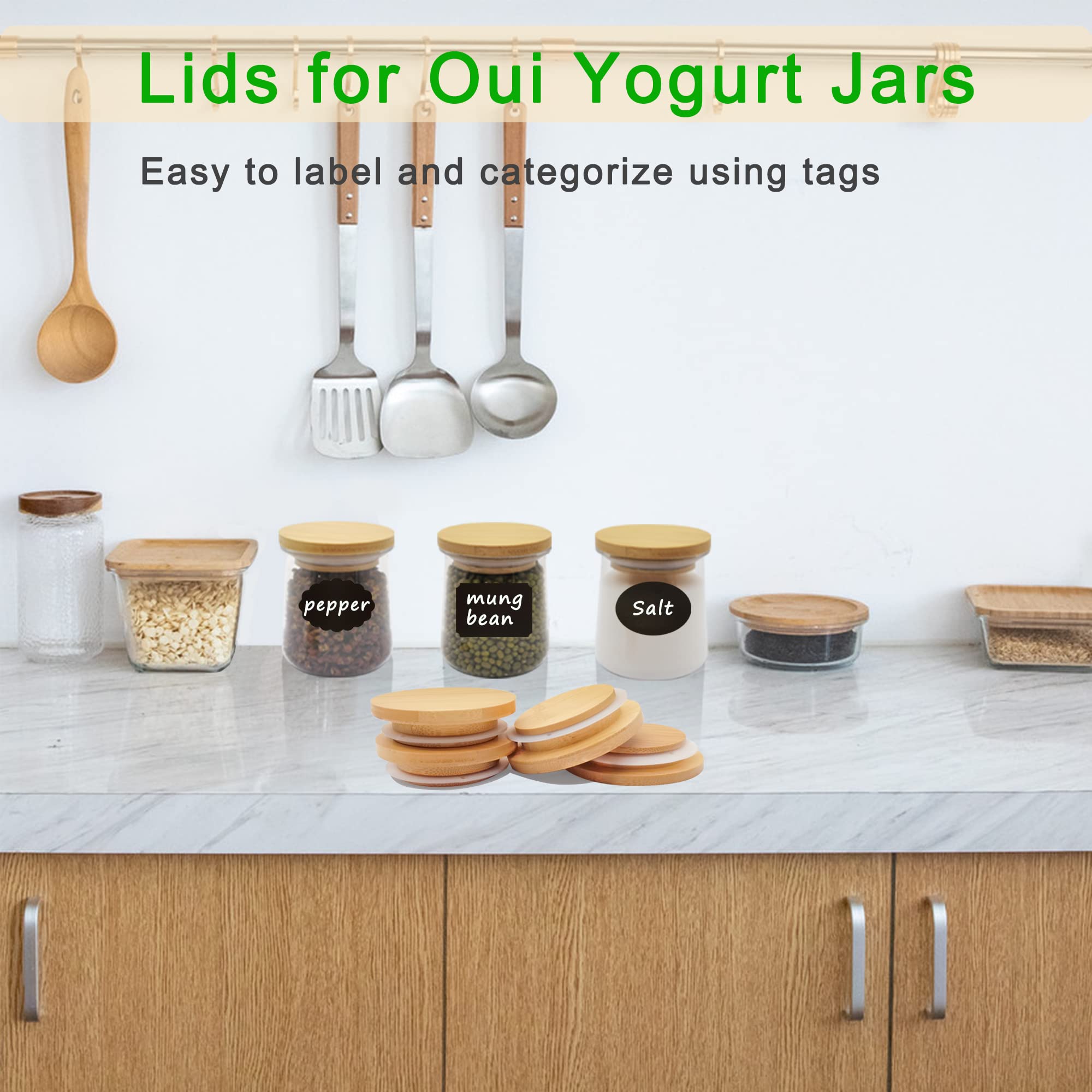 Oui Yogurt Jar Lids - 8 Pack Oui Yogurt Bamboo Jar Lids Set, Reusable Oui Lids Natural Bamboo Lids for Oui Yogurt Jars with Labels & Silicone Sealing Rings, Perfect Sealing