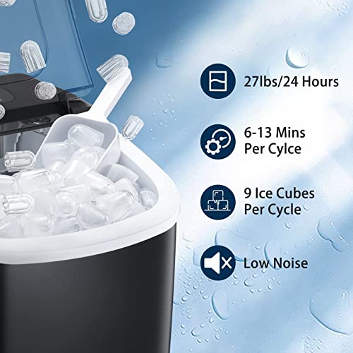 Xbeauty Ice Makers Countertop,Protable Ice Maker Machine with Self-Cleaning, 26Lbs/24H,9 Ice Cubes/8 Mins, Ice Scoop, and Basket for Home/Kitchen/Office/Party-Black