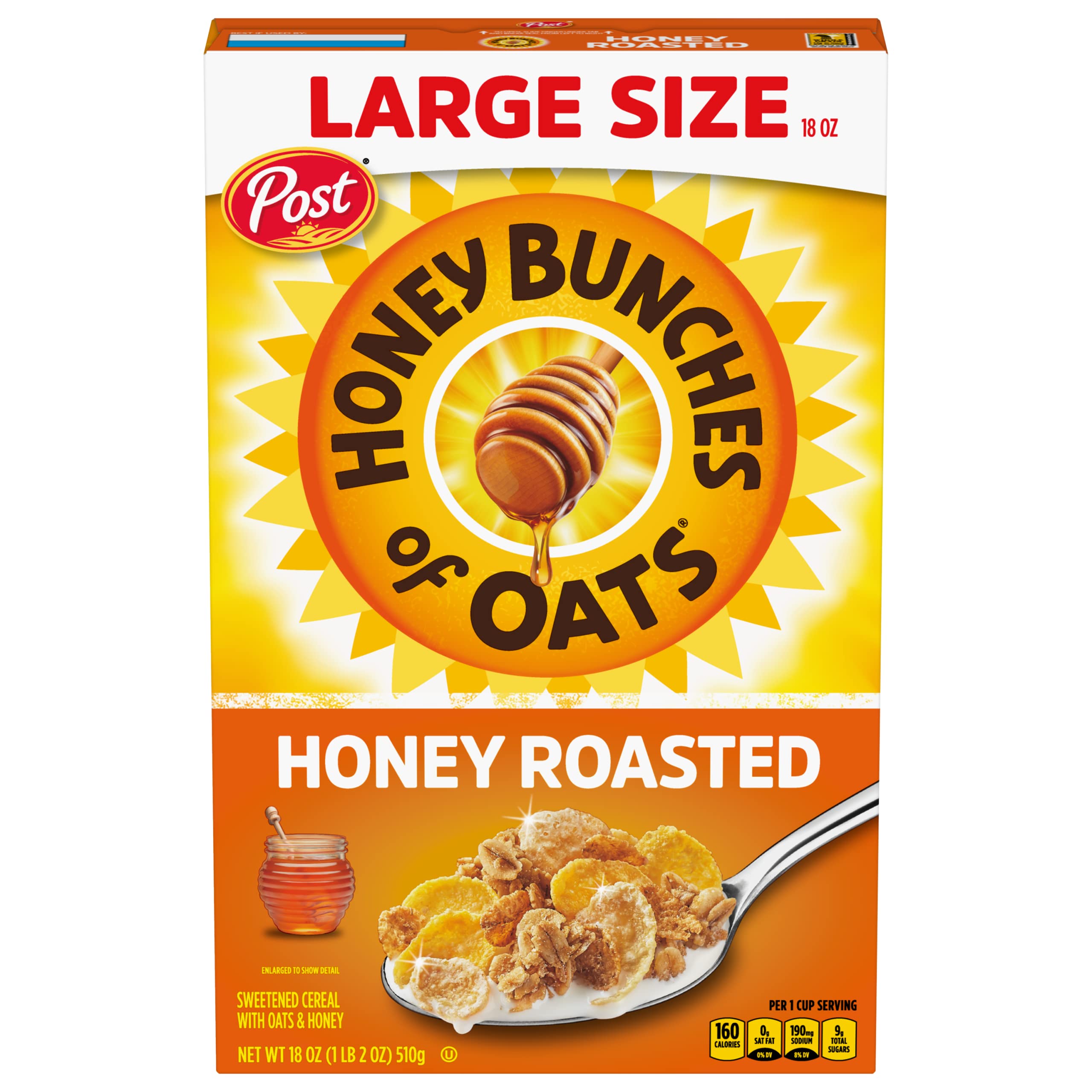 Honey Bunches of Oats Honey Roasted Breakfast Cereal, Honey Oats Cereal with Granola Clusters, 18 OZ Box