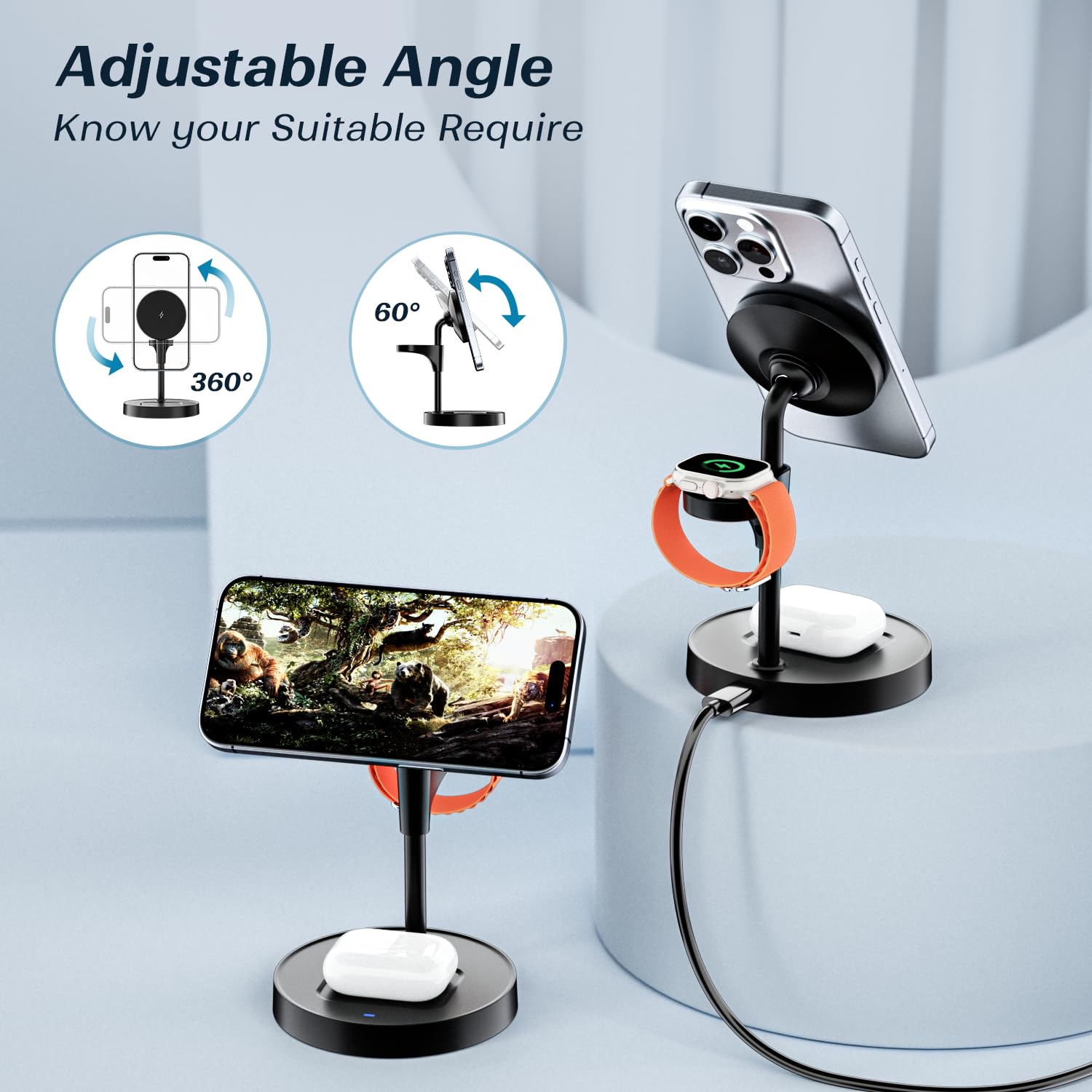 KPON 3 in 1 Charging Station for Apple Magsafe, 15W Fast Magnetic Wireless Charger Stand, Multiple Devices for iPhone 15 14 13 12 /Apple Watch/AirPods (with PD 20W Adapter)