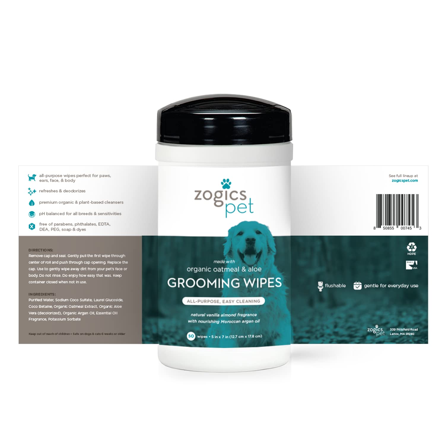 Zogics Pet Multi-Purpose Dog Grooming Wipes with Organic Oatmeal & Aloe - Thick, Hypoallergenic Wipes for Spot Cleaning and Between Baths (50 Wipes)