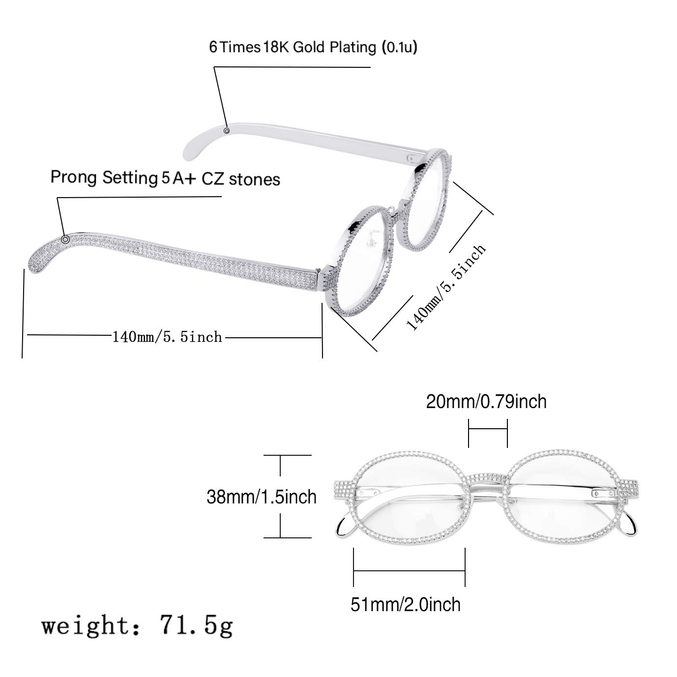 JINAO Men's 18k Gold Plated Vintage Retro Iced Out Metal/Wood Frame Glasses (Silver)