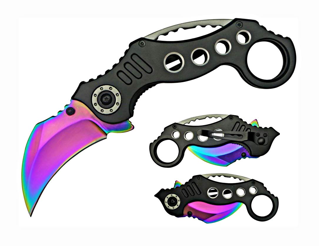 Karambit Knife Folding With Pocket Clip - Tactical Sharp Blade Raptor Claw Knives Spring Assisted - For Hunting Camping Self Defense Survival Edc Silver, Blue, Gold, Galaxy, Black, Rainbow (Rainbow)