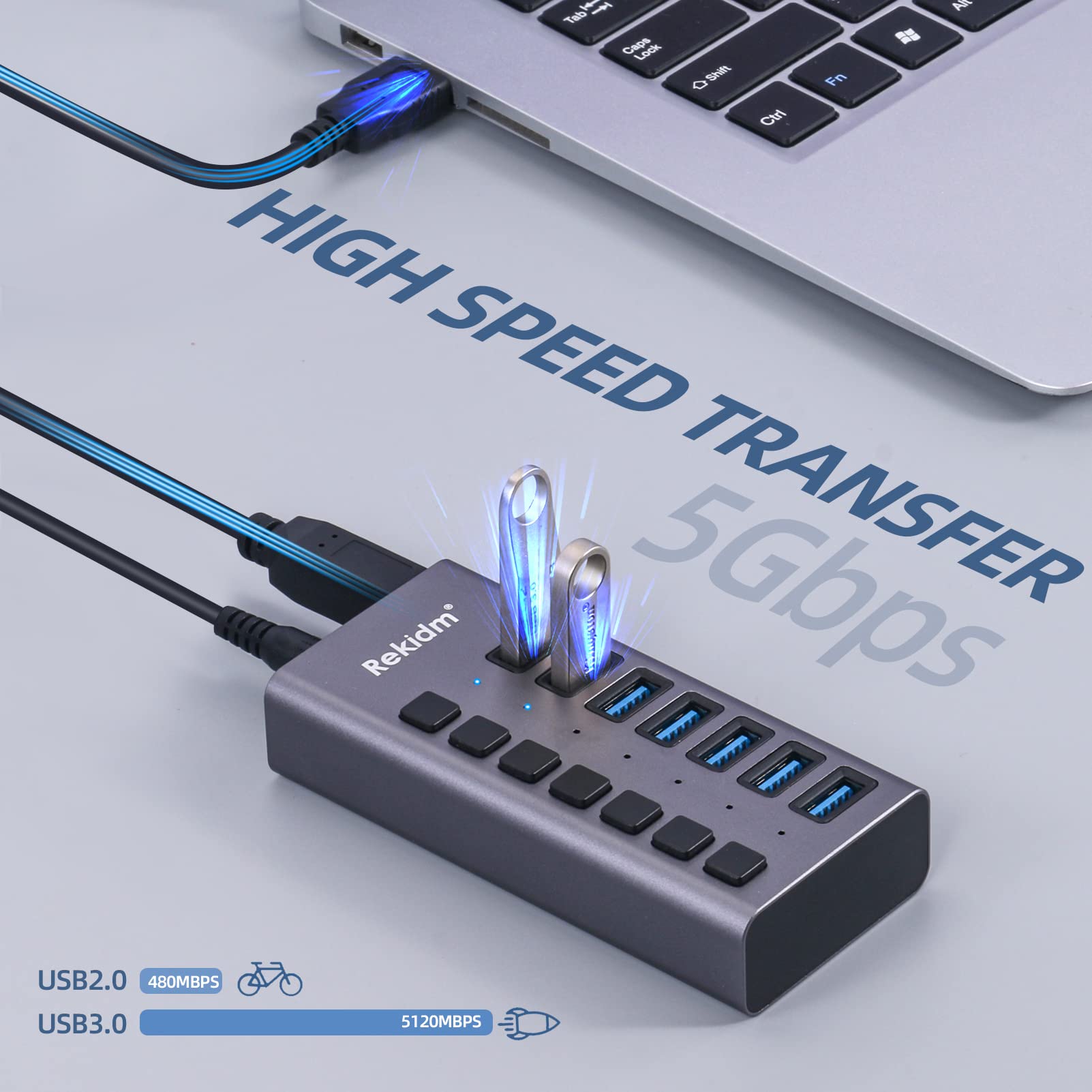 Powered USB HUB 3.0, Rekidm 7 Port USB 3.0 HUB Powered with AC Adapter 12V 2A, Aluminum Metal Design Durable Use for Stable Data Transfer, Individual On/Off Switches USB Extender for Desktop and PC