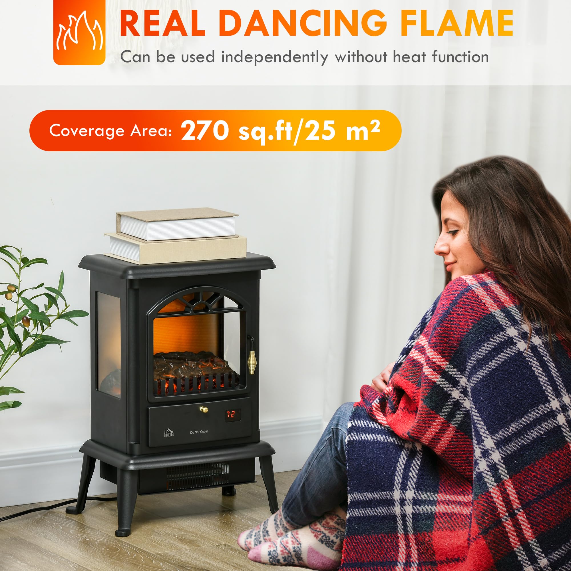 HOMCOM 23" Electric Infrared Fireplace Stove, Freestanding Fire Place Heater with Realistic Log Flame, Adjustable Temperature, Timer, 1000W/1500W, Black