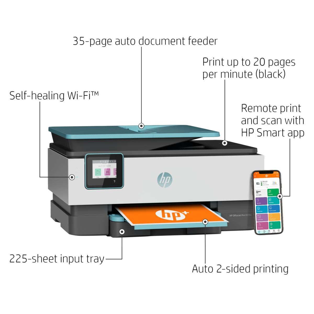 HP OfficeJet Pro 8028e Wireless All-in-One Inkjet Color Photo Printer, Copier, Scanner, Fax Machine with Mobile/Cloud Printing, Automatic Duplex, White (1K7K7A), XPI USB Printer Cable