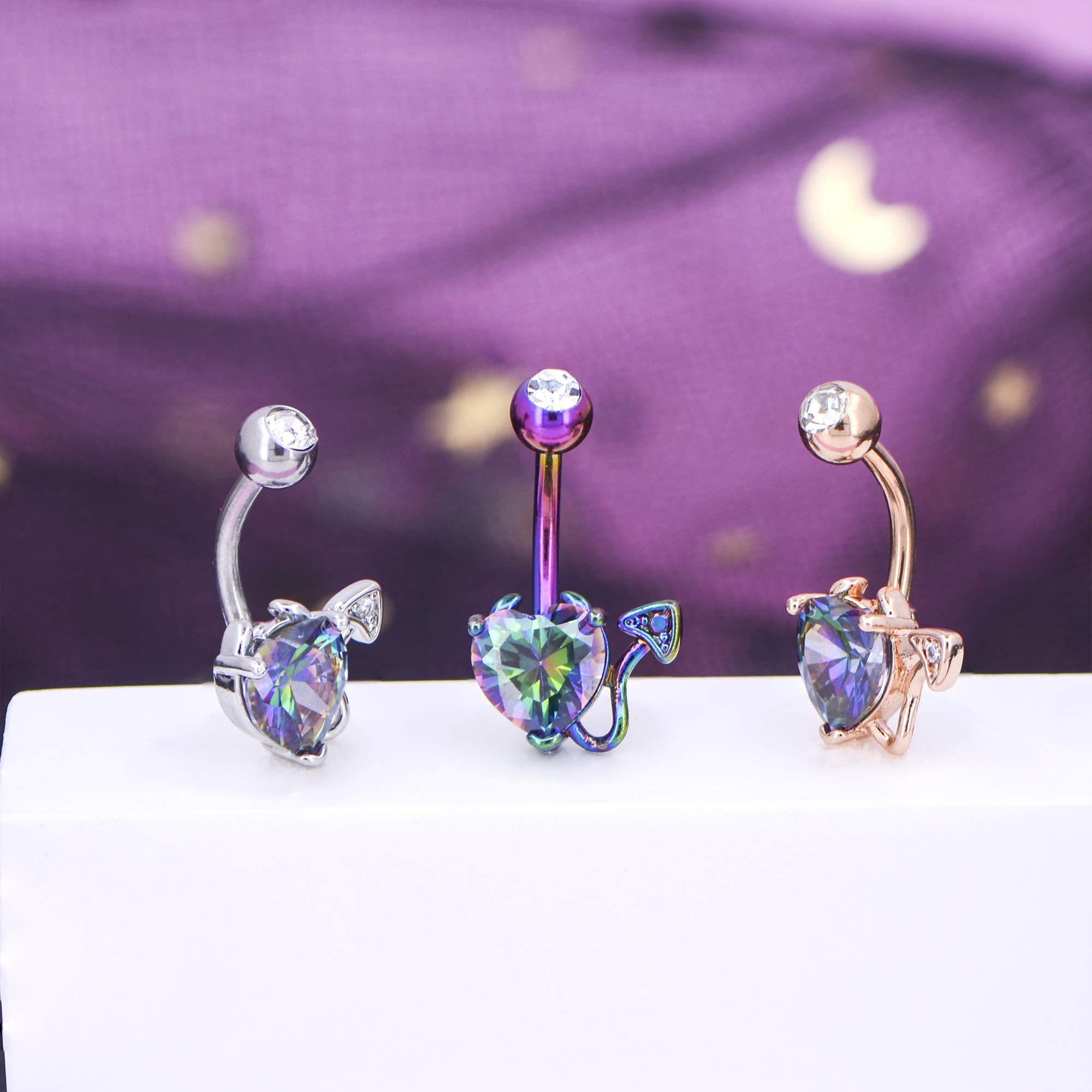Jewseen Devil Heart Belly Button Rings 14G Surgical Steel Navel Barbells Iridescent CZ Body Piercing