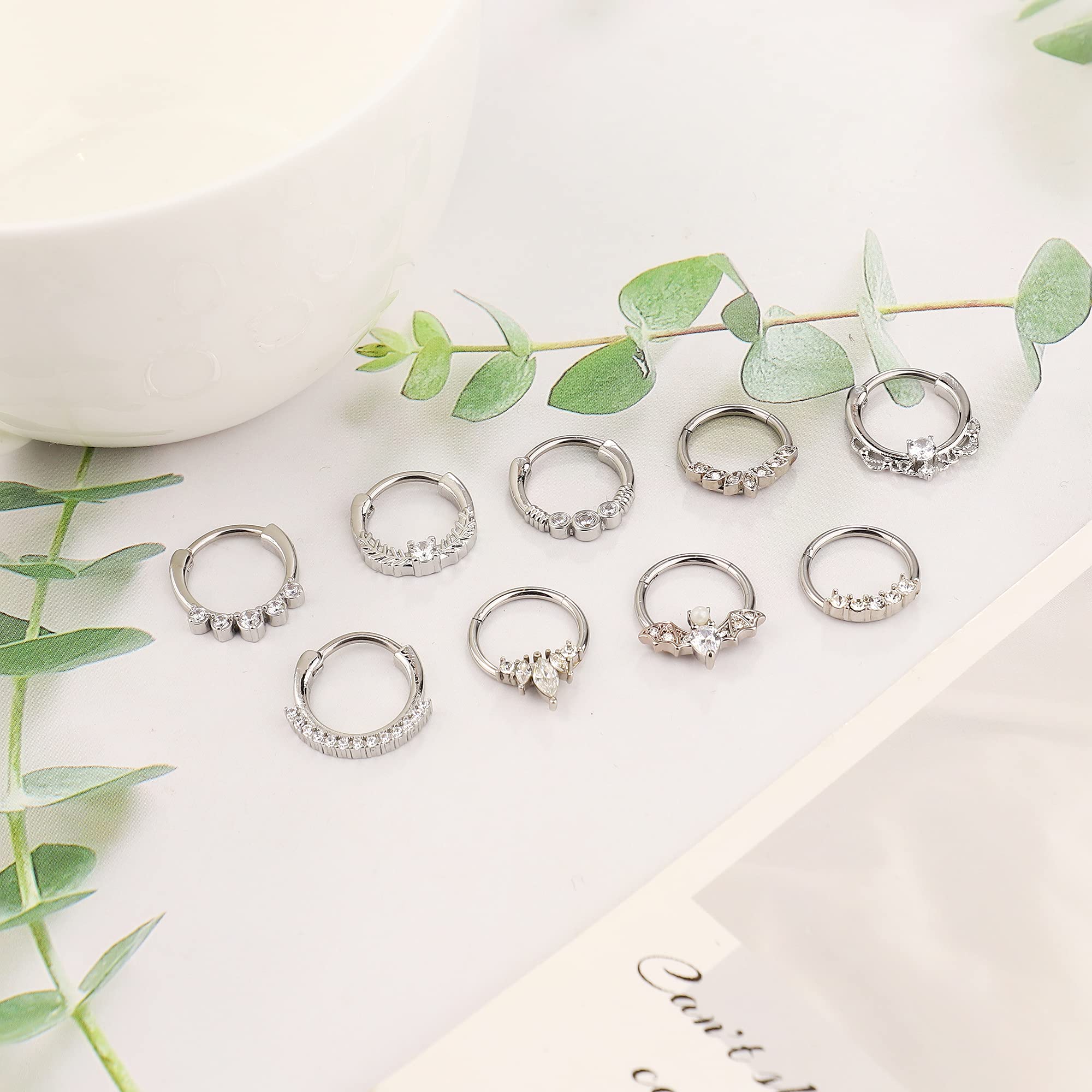 LOYALLOOK 9PCS 16G Septum Clicker Ring Stainless Steel Bat CZ Nose Ring Hoop Tragus Helix Cartilage Earrings Daith Hoop Hinged Segment Clicker Ring Ear Nose Conch Piercing Silver Tone 10MM