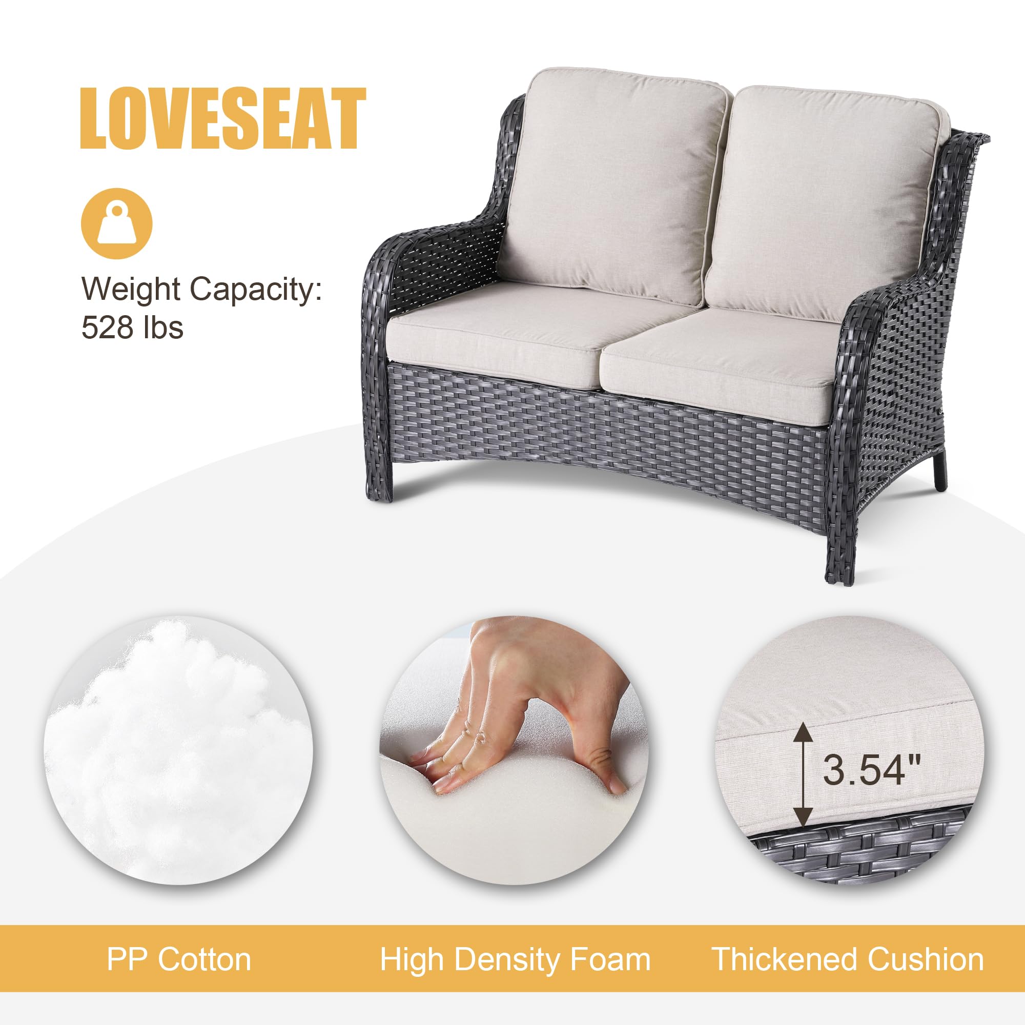 HOOOWOOO Patio Outdoor Furniture Set with Large Fire Pit Table,5 Piece Modern Wicker Couch Sofa,Weather Resistant Conversation Seating Set High Back for 7 Persons(Light Gray)