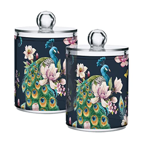 xigua 2 Pack Elegant Floral Peacock Apothecary Jars with Lid, Qtip Holder Storage Containers for Cotton Ball, Swabs, Pads, Clear Plastic Canisters for Bathroom Vanity Organization (10 Oz)