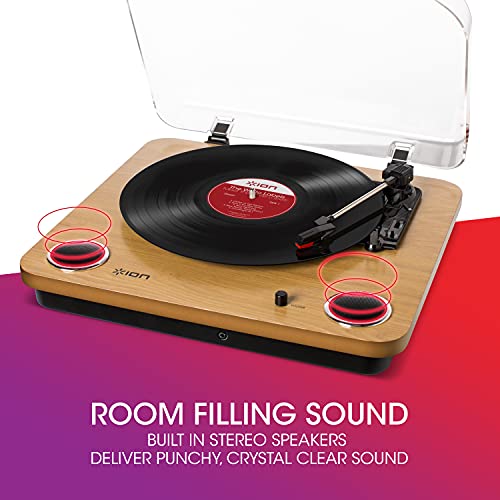 ION Audio Max LP β Vinyl Record Player / Turntable with Built In Speakers, USB Output for Conversion and Three Playback Speeds β Natural Wood Finish
