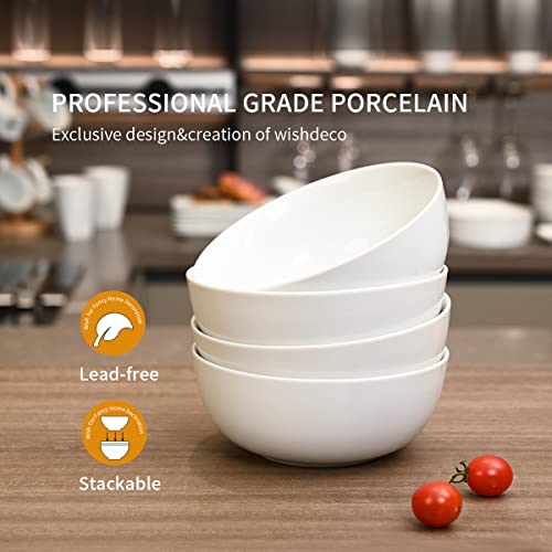 WishDeco Cereal Bowls Set of 4, Ceramic Soup Bowls, 20 Ounce Breakfast Bowls, 6" White Bowls for Dessert, Oatmeal, Pasta, Noodle, Salad, Rice, Microwave & Dishwasher Safe