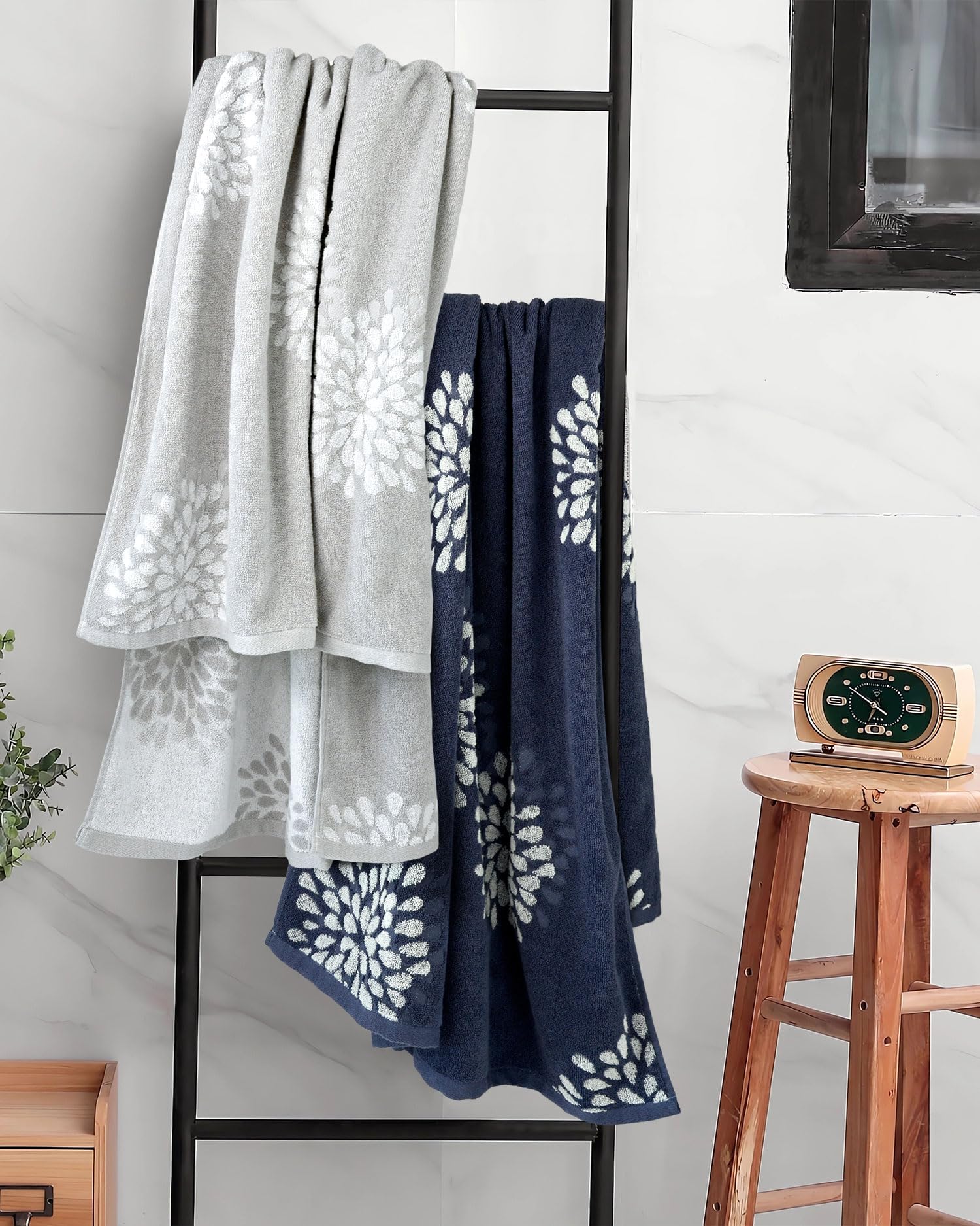 Jacquotha 2 Pack Cute Bath Towels Hydrangea Floral Jacquard - Extra Soft Absorbent Bathroom Towels for Shower Gym Pool, Denim Blue & Light Grey, 55" x 28"