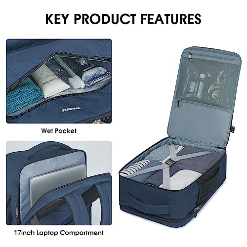 WANDF Travel Backpack For Spirit Airlines Personal Item Bag 18x14x8 with Wet Pocket, 17 Inch Laptop Backpack for Men Women(Navy Blue)