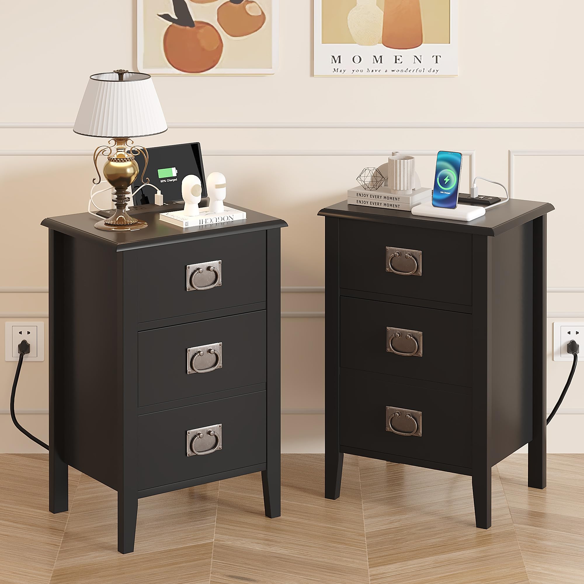VECELO Nightstand Set of 2 with Storage Drawer and Open Shelf, Vintage Solid Wood Bedside End Tables for Bedroom, Living Room, Small Space, Two Drawers, Brunette Brown