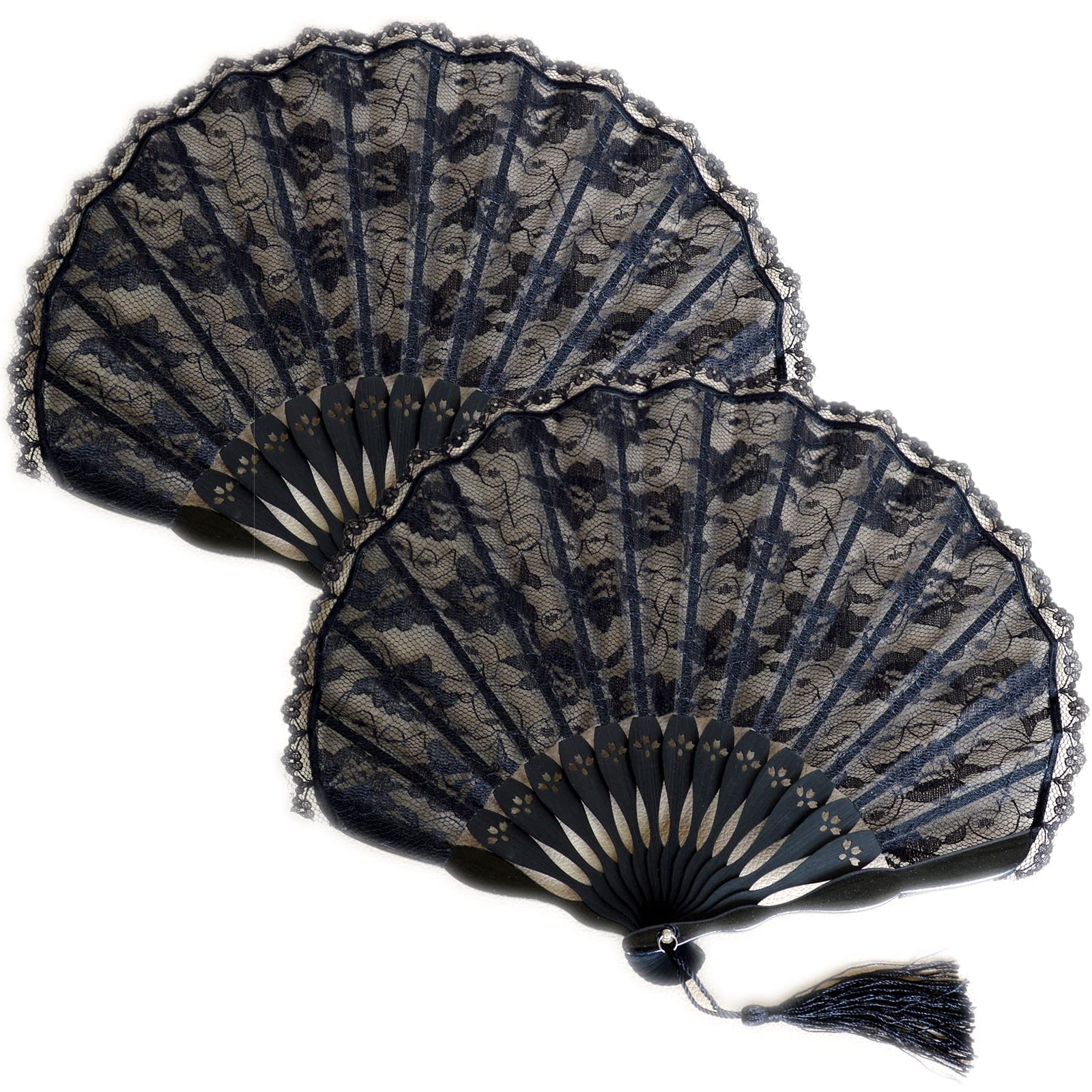Pack of 2 Lady Ladies Decorative Vintage Hand-Held Black Flower Lace Folding Fans, Retro Style Bamboo Hand Fan, Dancing Party Accessories