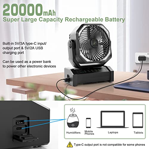vidihill 20000mAh Personal Fan with LED Light, Auto-Oscillating Desk Fan with Remote & Hook, Rechargeable Battery Operated Camping Fan with Timer, 4 Speeds USB Fan for Camp Travel Jobsiteā¦