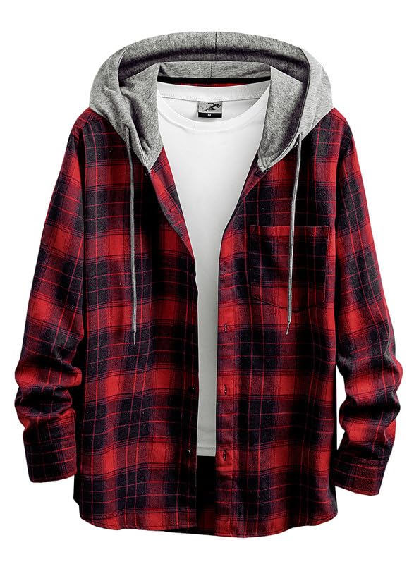 JMIERR Flannel Hoodies for Men Casual Button Down Plaid Long Sleeve Lightweight Winter Shirts Jackets,US 46 (XL),0Red