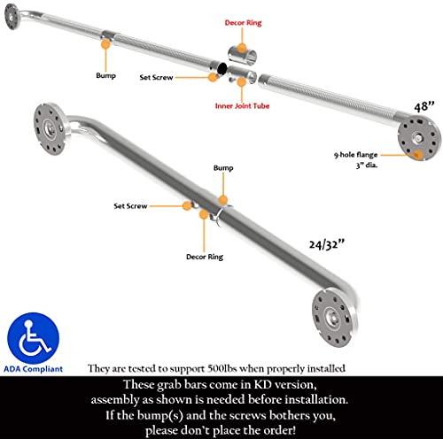 SAFETY+BEAUTY Decorative Stainless Steel Grab Bar with Knurled Anti-Skid Grip, ADA Compliant 500lbs Supporting, Chrome, 24in