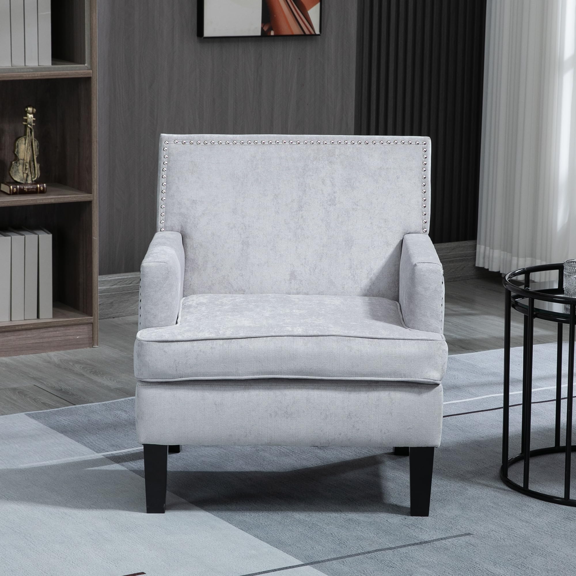 HOMCOM Modern Accent Chair with Solid Wood Legs and Nailhead Trim, Upholstered Armchair for Living Room, Dark Gray