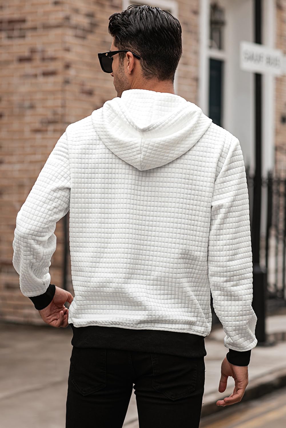 JMIERR Mens Hooded Sweatshirt Long Sleeve Drawstring Waffle Knit Hooded Fall Hoodie with Kanga Pocket, US 43(L), White