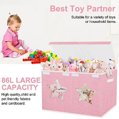 Xmasorme Large Toy Box for Girls, Toy Chest Box Organizer Bins with Star Transparent Windows, Sturdy Handles and Mesh Bag, Foldable Large Size Storage Box for Nursery, Playroom, Bedroom