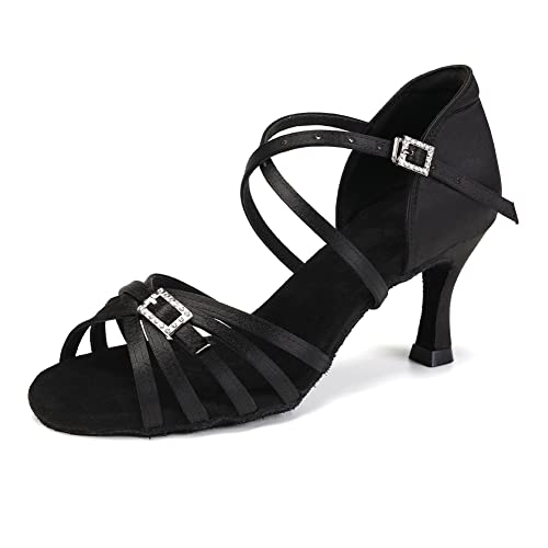 JUODVMP Women's Latin Dance Shoes Black Satin Open Toe 3 inch Heel Ballroom Salsa Dance Sandals with Suede Sole,8US