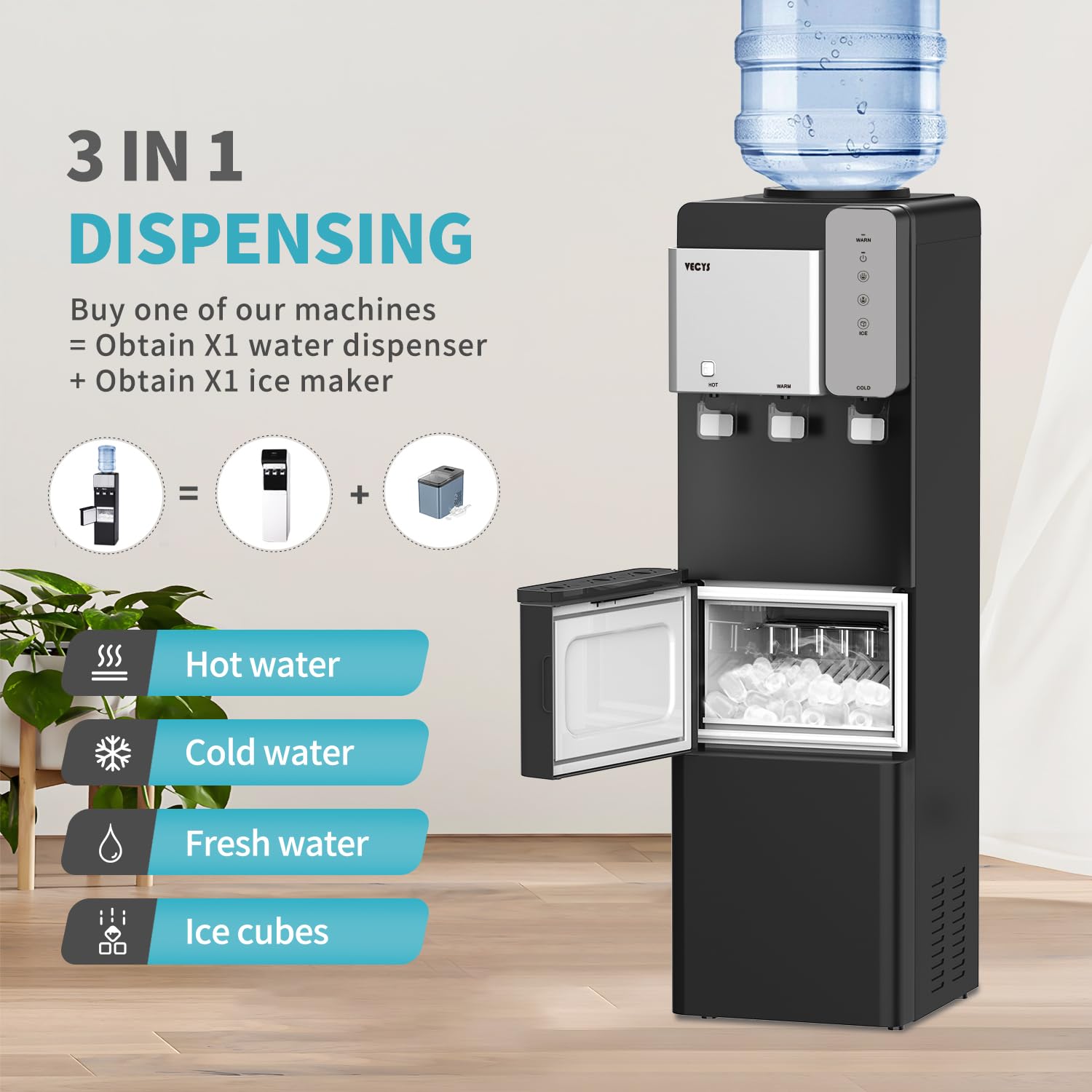 VECYS Water Dispenser Cooler with Ice Maker, 27LBS Daily Ice Making and Hot Cold Water Supply, Child Safety Lock and Compatible with 3 or 5 Gallon Bottles, Ideal for Home and Office