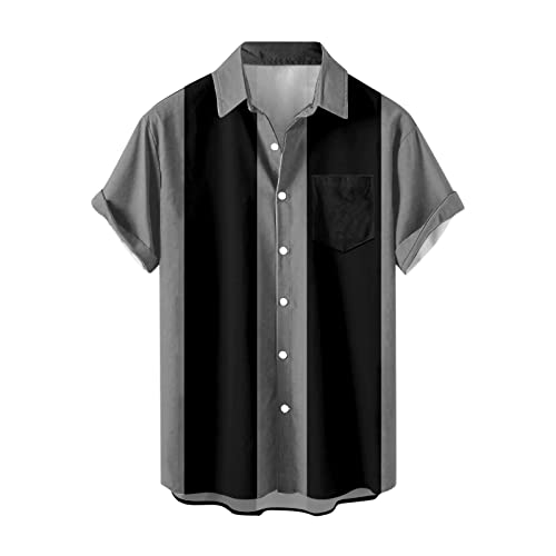 Men's Vintage Bowling Shirt Short Sleeve Button Down Summer Cuba Beach Shirts Stripe Printing Top with Pocket