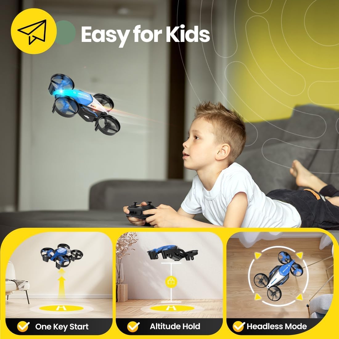 Holy Stone HS210F Mini Drone for Kids, 2 In 1 Small Indoor RC Quadcopter Helicopter Plane with Battery, Land and Fly Mode, Auto Hovering, 3D Flip, Headless Mode, Toy Gift for Boys and Girls, Blue